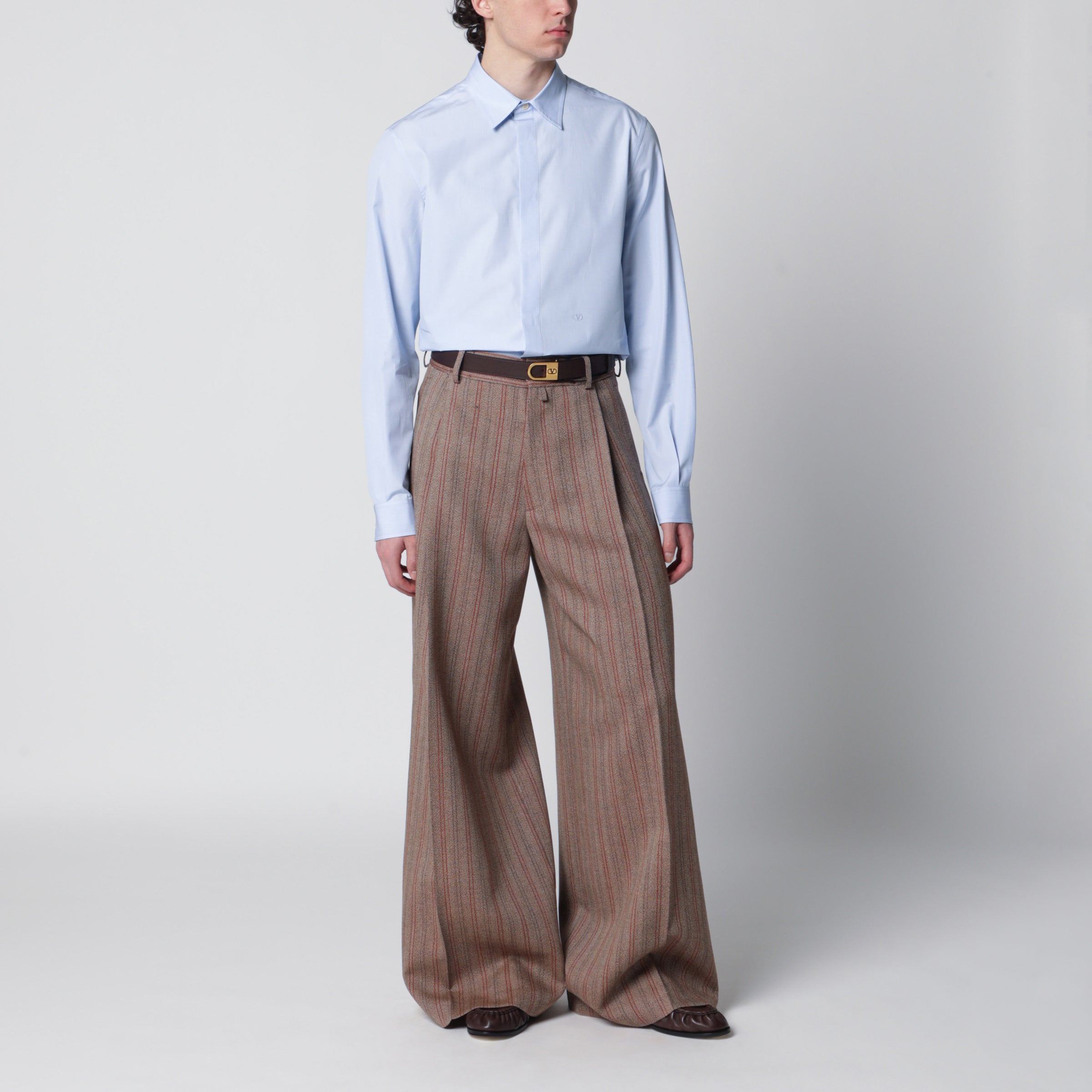 VALENTINO Light blue fil-à-fil cotton shirt with VLogo embroidery